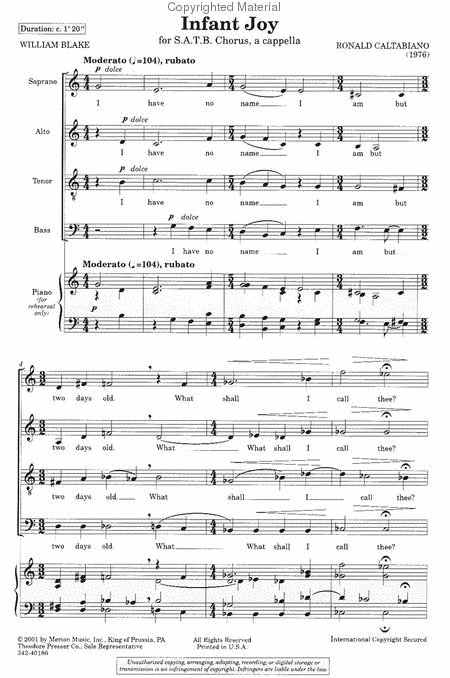Infant Joy by Ronald Caltabiano - 4-Part - Sheet Music | Sheet Music Plus