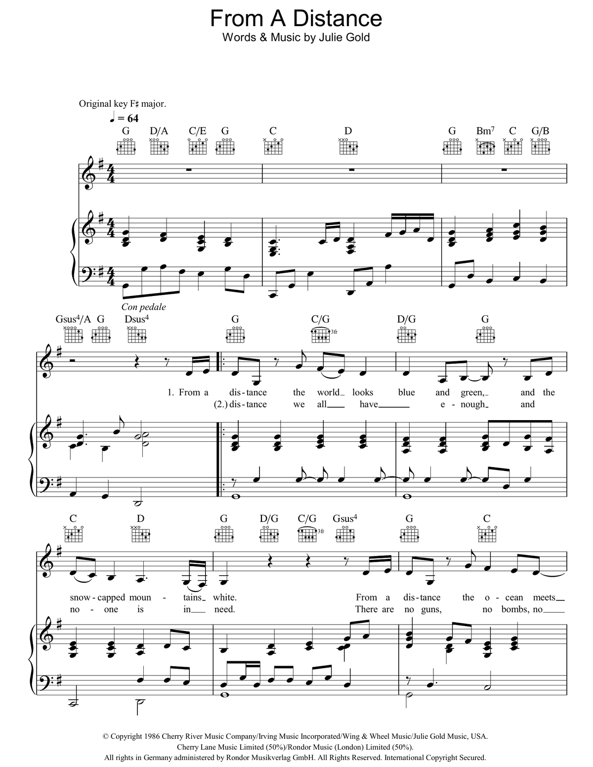 From A Distance by Bette Midler - Piano, Vocal, Guitar - Digital Sheet ...