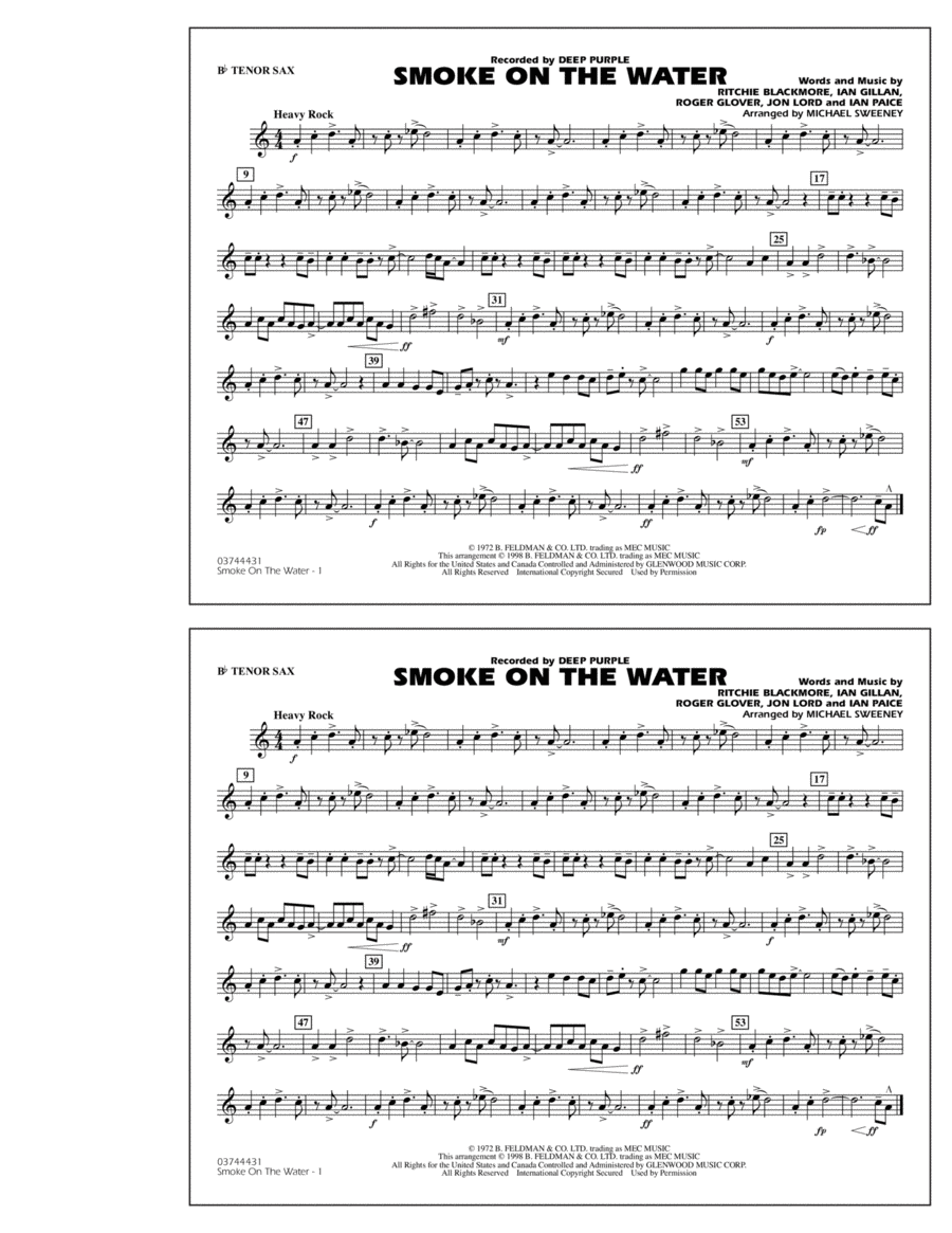 Smoke On The Water Bb Tenor Sax By Jon Lord Ian Paice Ian Gillan Roger Glover Ritchie
