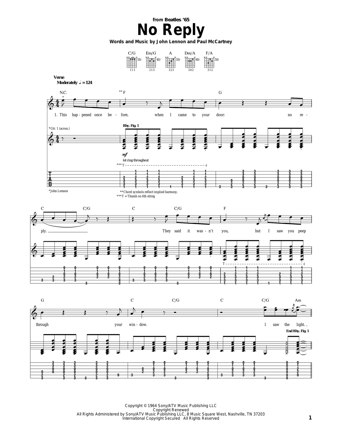 No Reply by The Beatles - Electric Guitar - Digital Sheet Music | Sheet ...