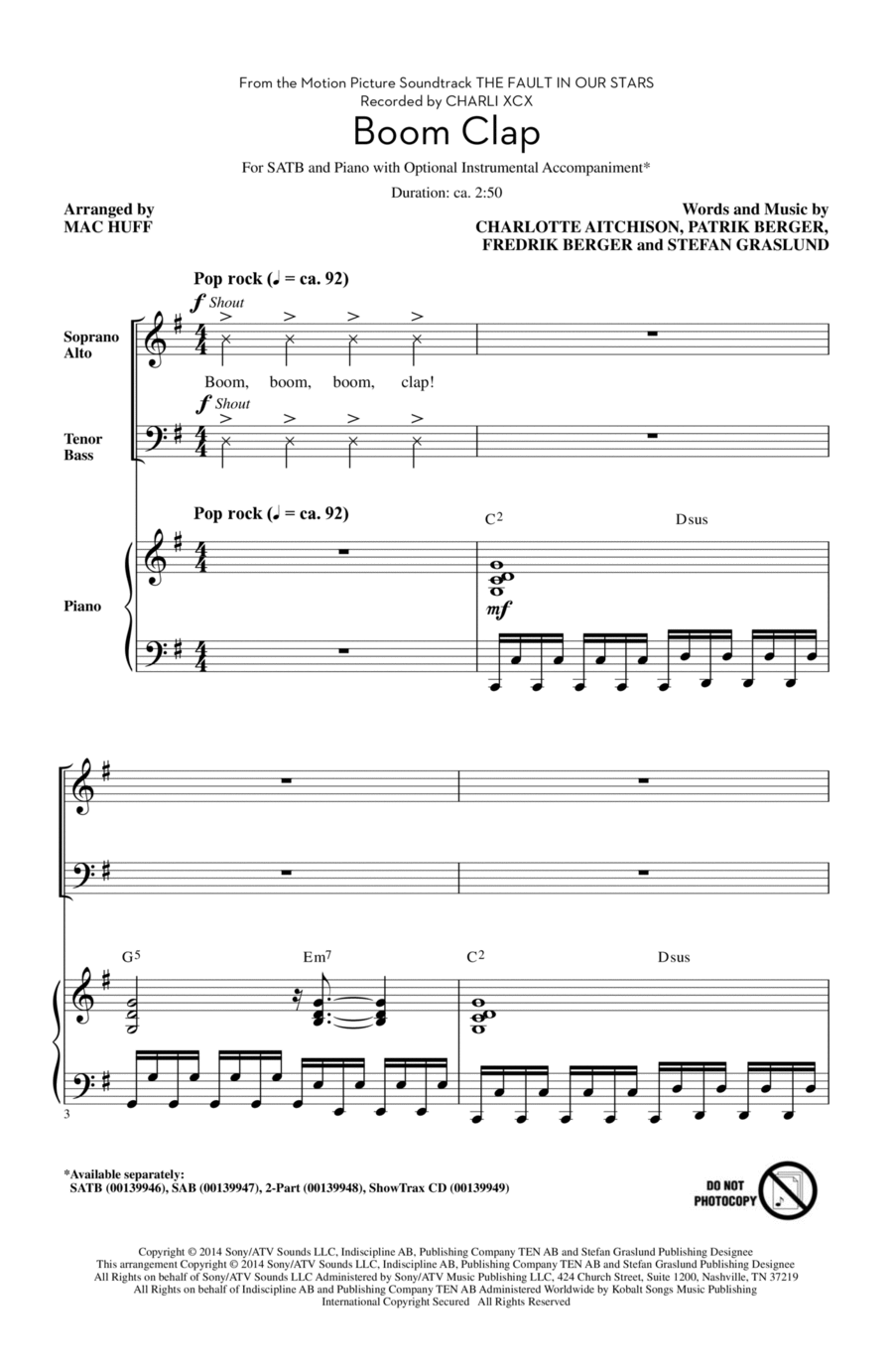Boom Clap by Charli XCX - 4-Part - Digital Sheet Music | Sheet Music Plus