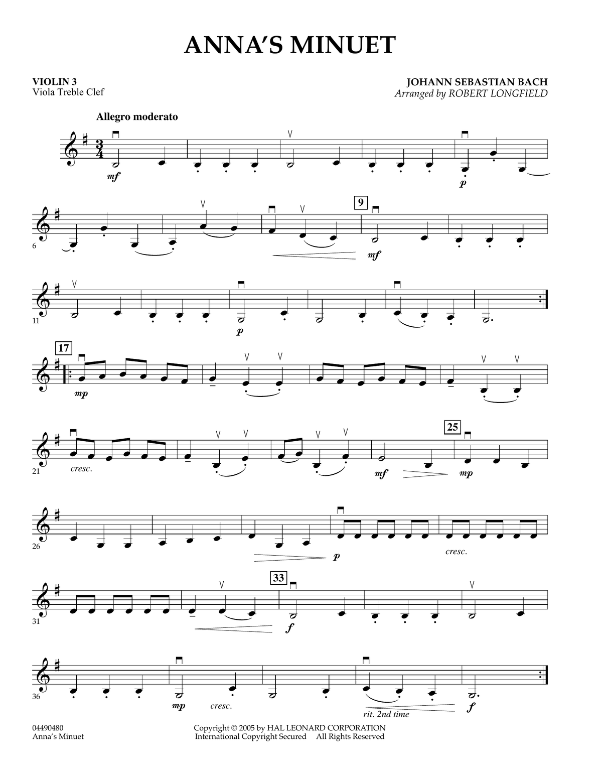 Anna's Minuet - Violin 3 (Viola Treble Clef) by Robert Longfield ...