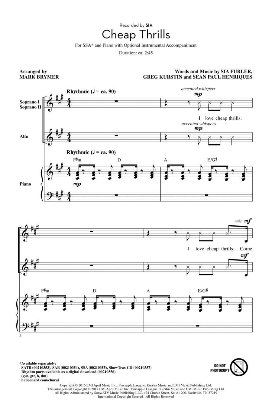 Cheap Thrills Feat Sean Paul Arr Mark Brymer By Ssa Digital Sheet Music Sheet Music Plus