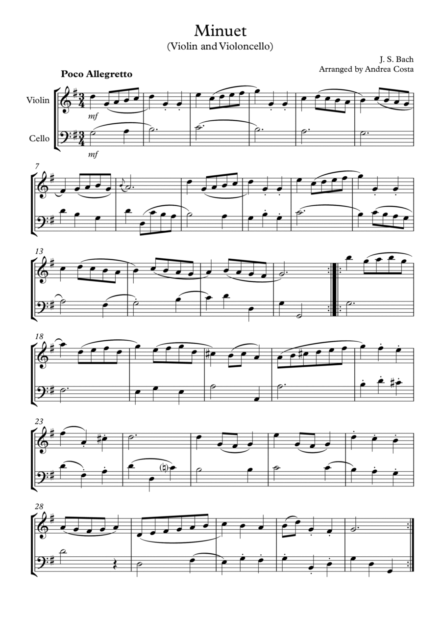 Minuet in G by Johann Sebastian Bach - String Duet - Digital Sheet ...