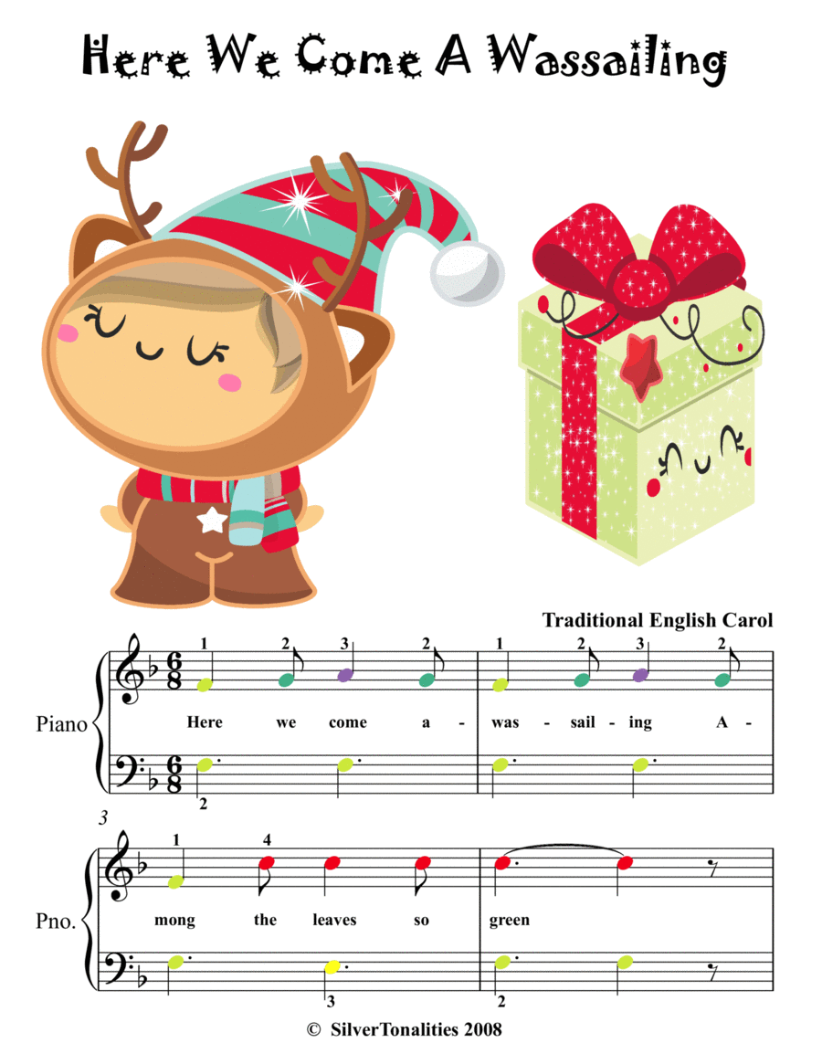 Here We Come A Wassailing Easy Piano Sheet Music with Colored Notes by ...