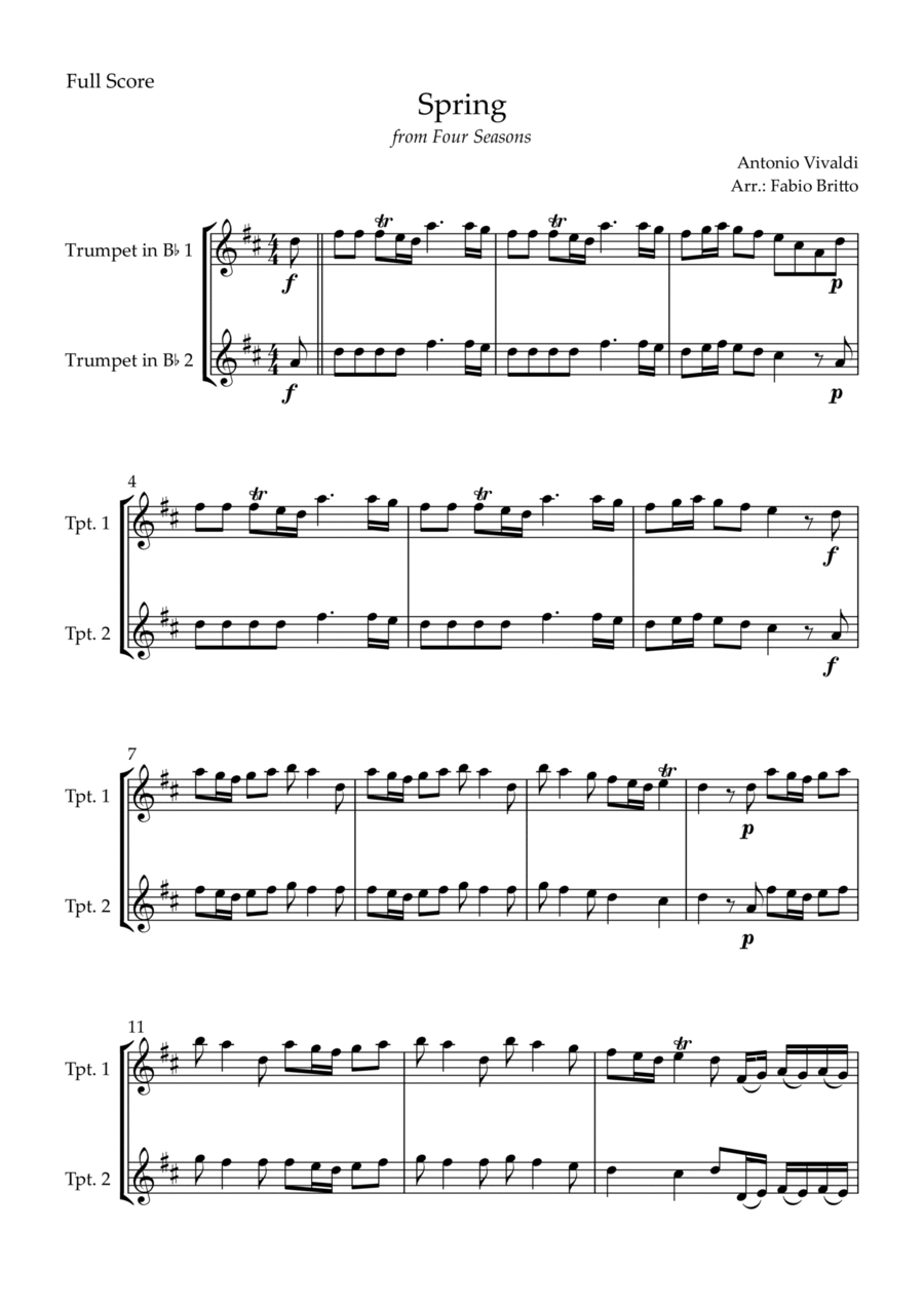 Spring (from Four Seasons of Antonio Vivaldi) for Trumpet in Bb Duo by ...