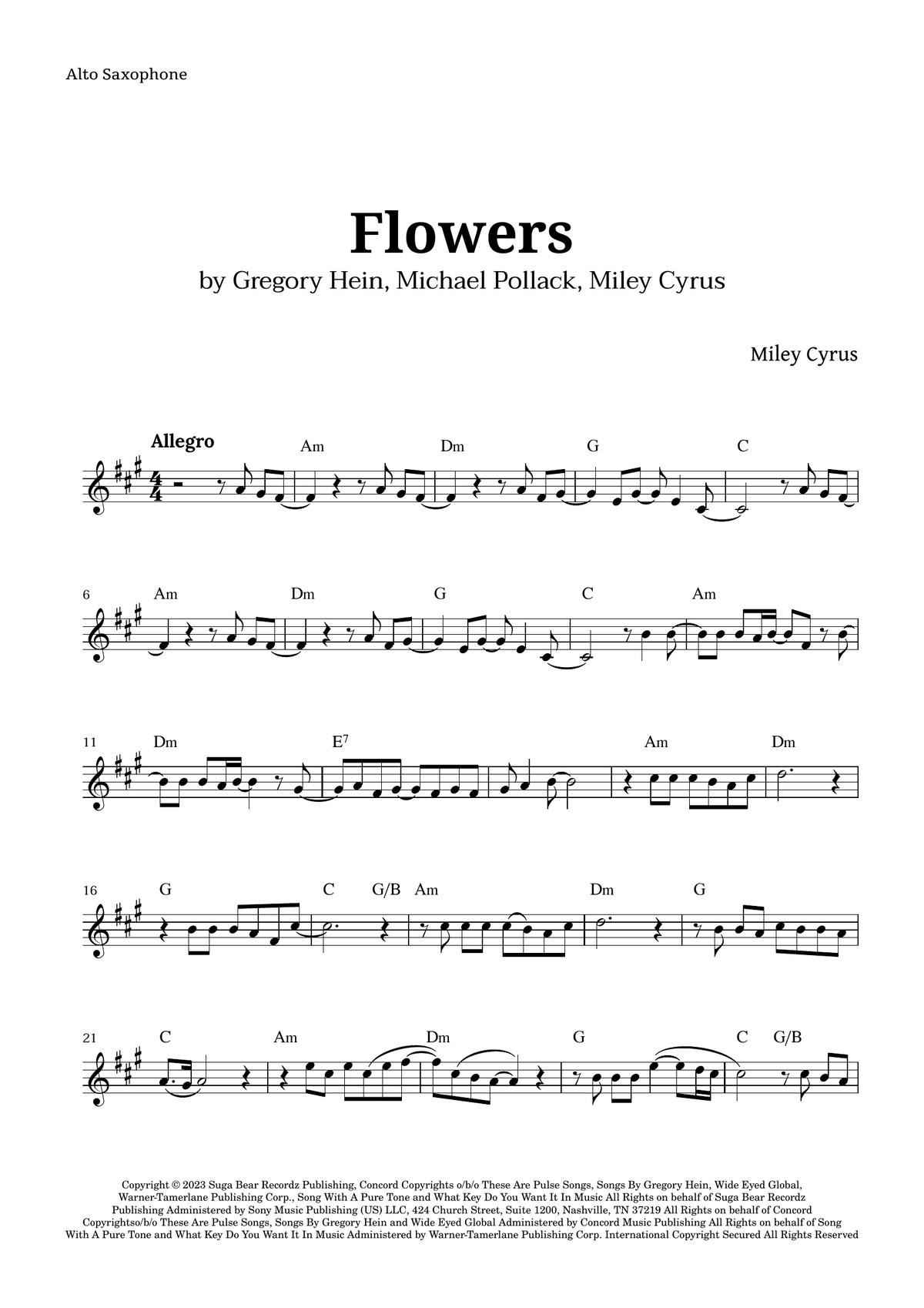 Flowers by Miley Cyrus; Michael Pollack; Gregory Hein - Alto Saxophone ...