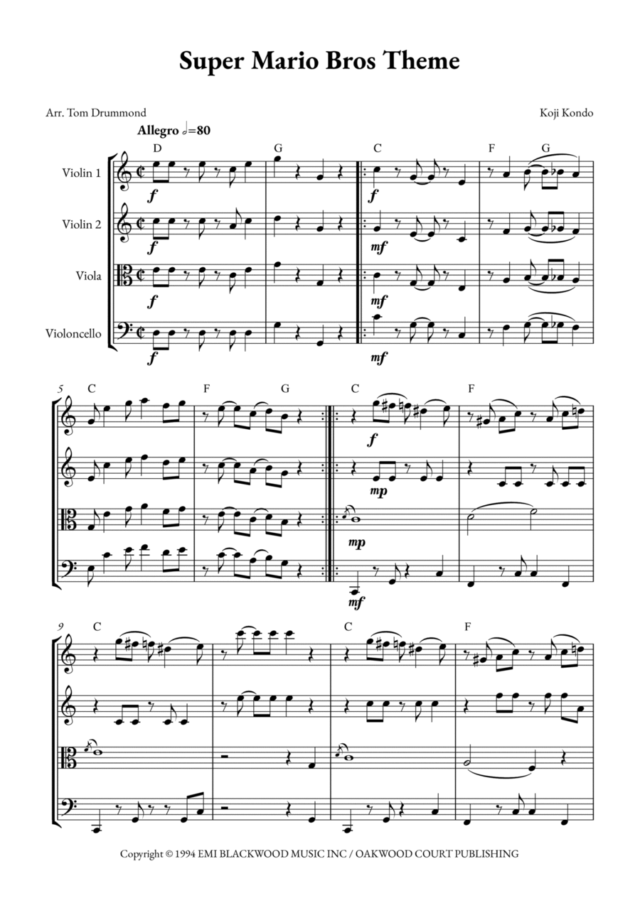 Super Mario Bros Theme - String Quartet - Digital Sheet Music | Sheet ...