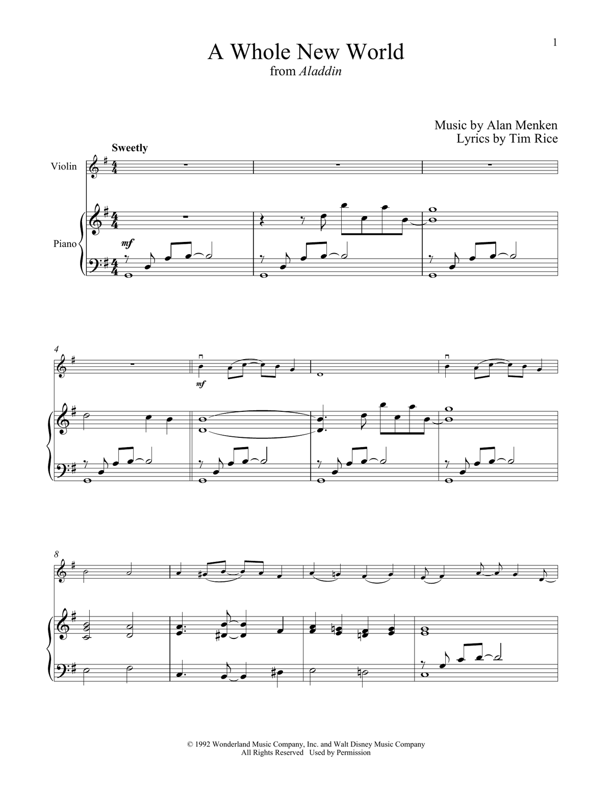 A Whole New World From Aladdin Violin Solo Digital Sheet Music