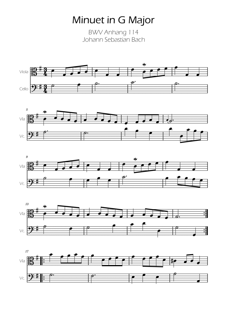 Minuet In G Major Bwv Anh 114 Bach Viola And Cello By Johann