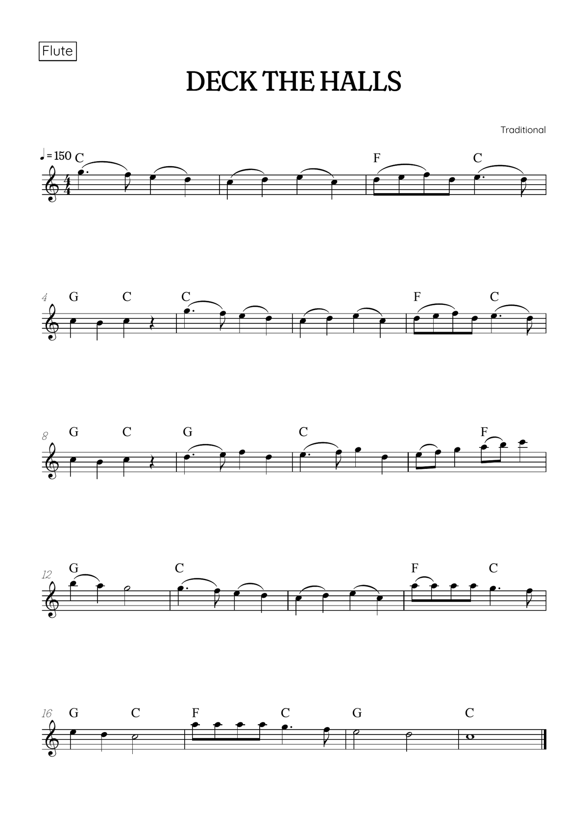 Deck the Halls for flute • easy Christmas song sheet music with chords ...