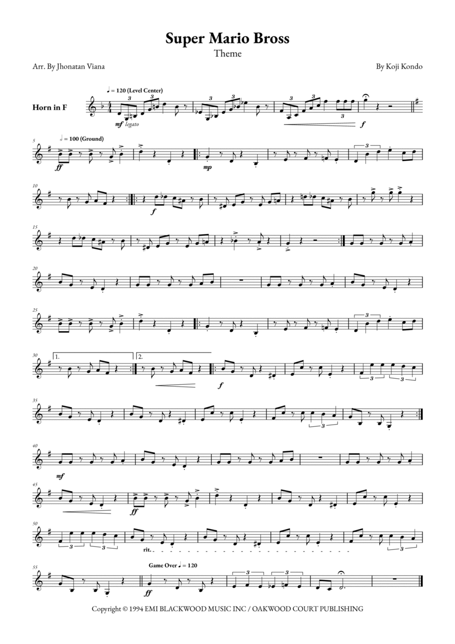 Super Mario Bros Theme by Koji Kondo - Horn Solo - Digital Sheet Music ...