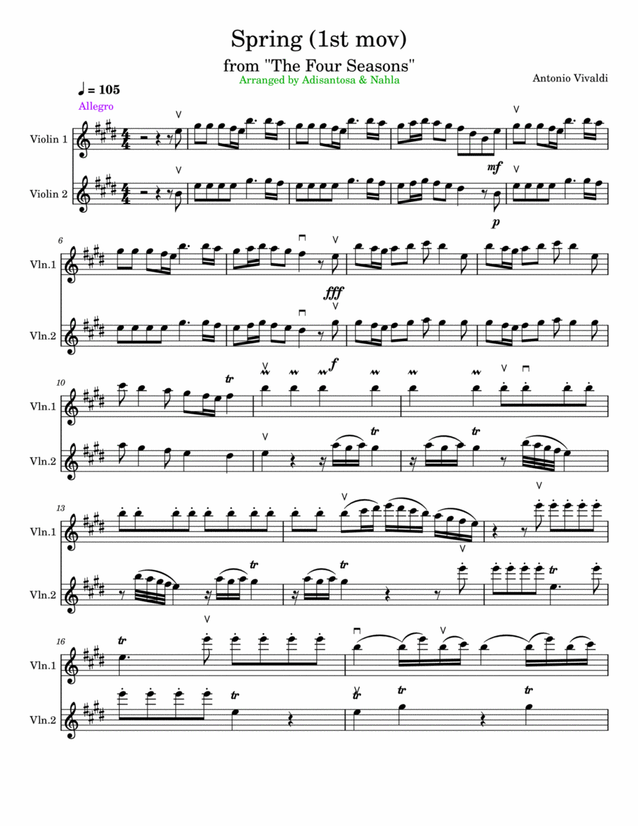 Spring from The Four Seasons (violin short duet) by Antonio Vivaldi ...