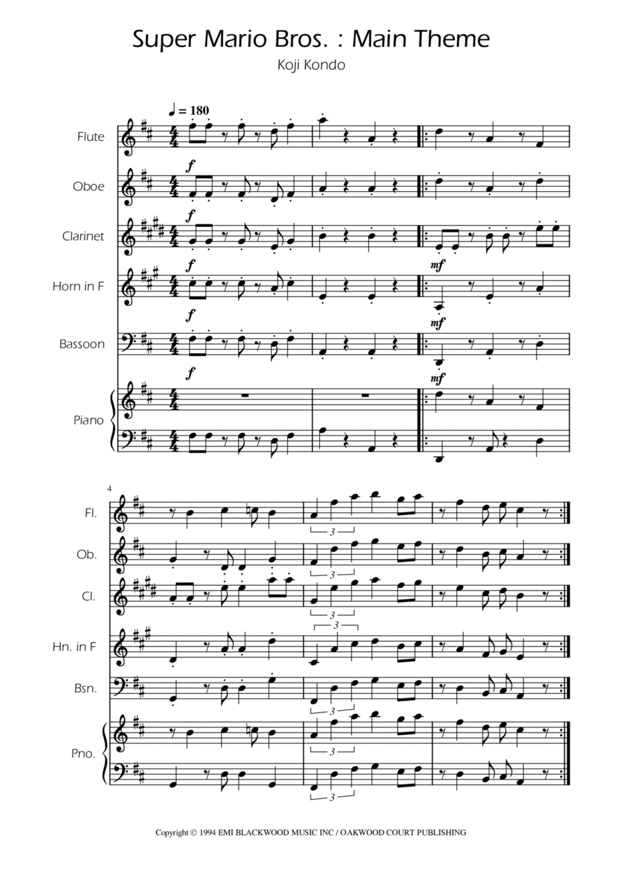 Super Mario Bros Theme - Woodwind Quintet - Digital Sheet Music | Sheet ...