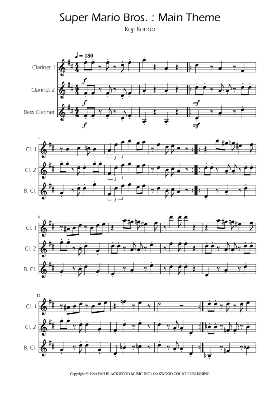 Super Mario Bros Theme - Clarinet Trio - Digital Sheet Music | Sheet ...